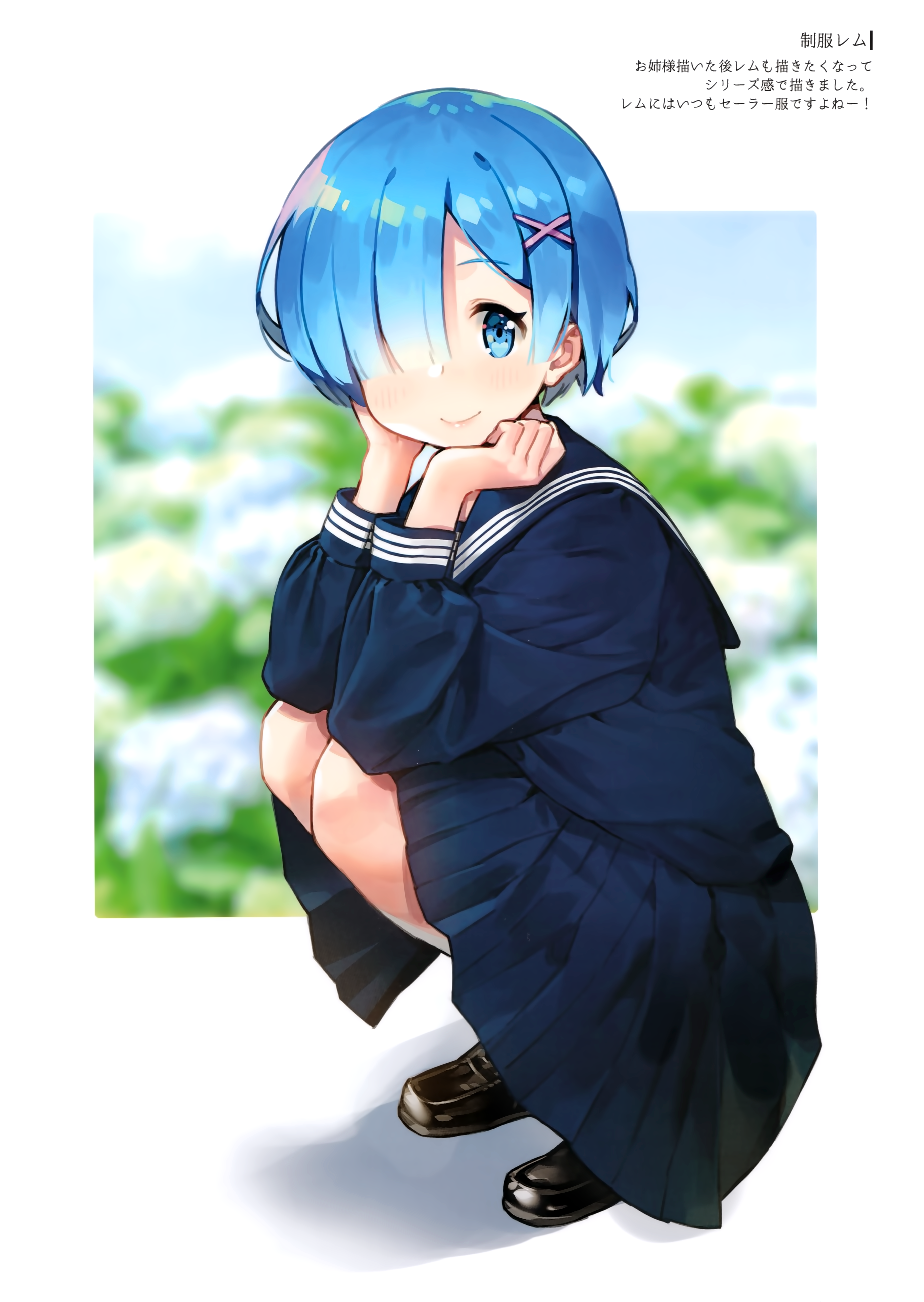 Safebooru - 1girl absurdres ayamy bangs blue eyes blue hair blue shirt blue skirt blurry blurry ...